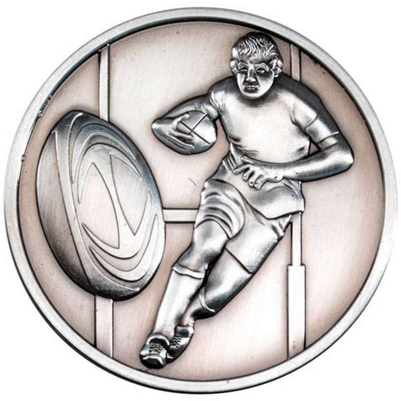 RUGBY MEDALLION ANTIQUE SILVER - 2.75in - Spa Trophies Ltd